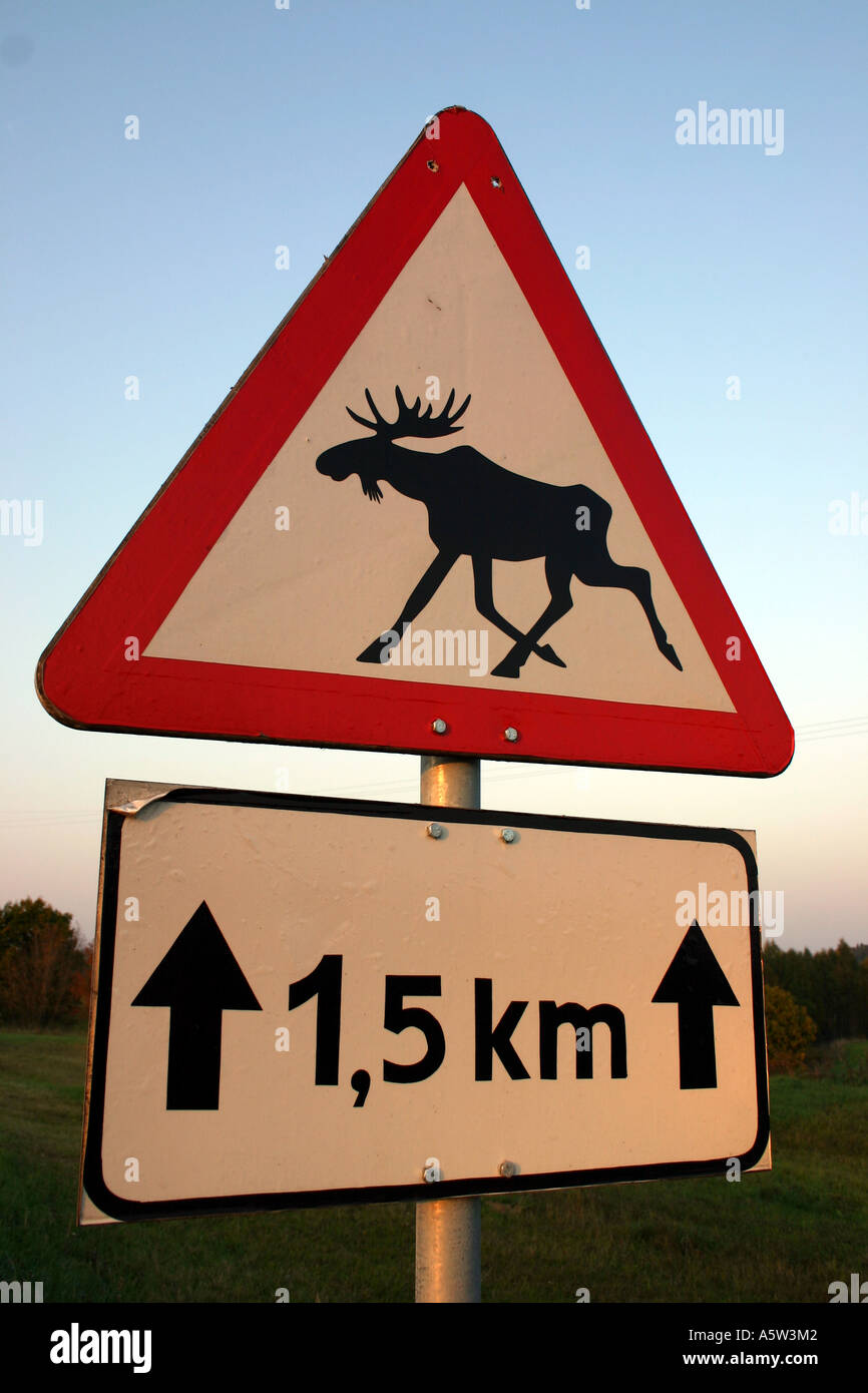 ELK WARNING ROAD SIGN IN ESTONIA Stock Photo - Alamy