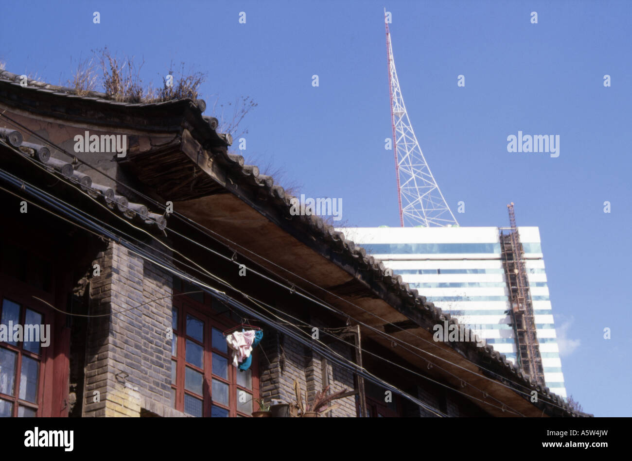 Modern tower block rises in sharp contrast against the weed strewn roof ...