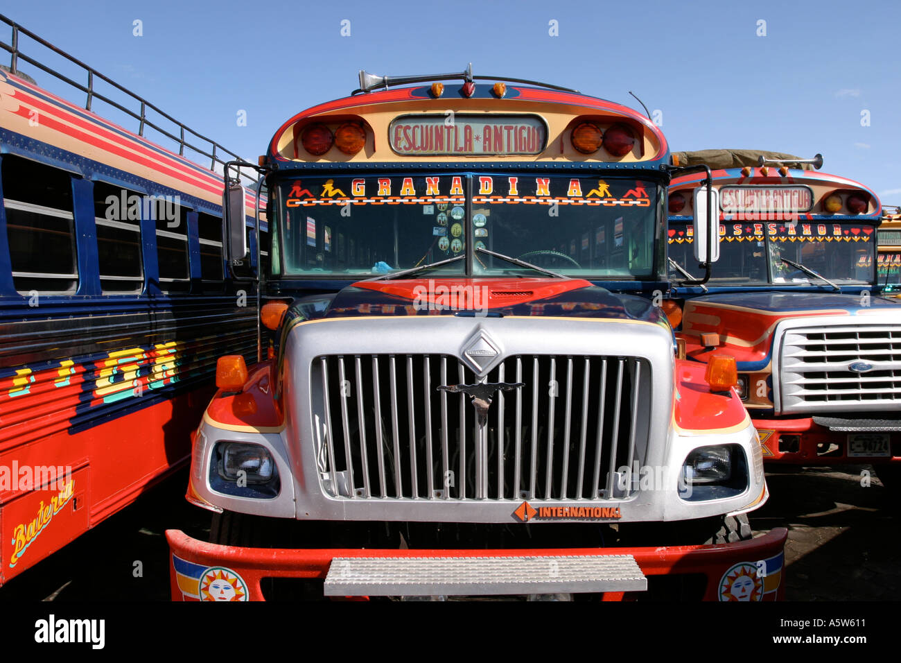 The fabled chicken buses of Guatemala Antigua Bus station Stock Photo ...