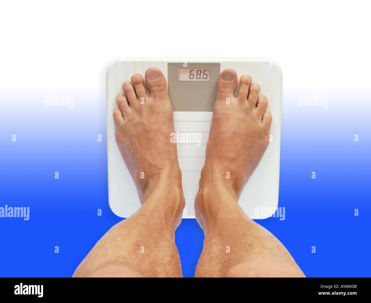 CHECK YOUR WEIGHT balance and feet on white and blue plain background ...