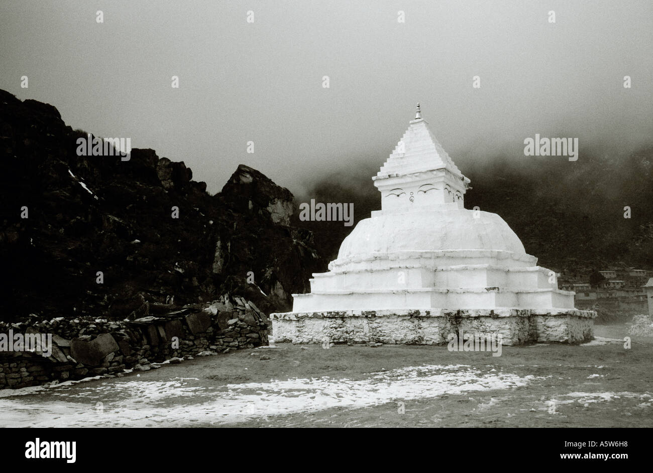 World Travel. Buddhist mountain stupa shrine high in the Himalayas ...
