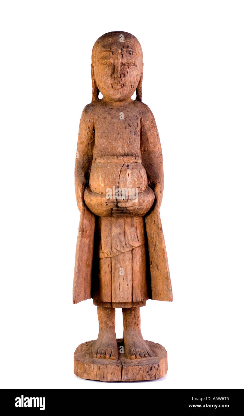 Jizo style carved wooden Buddhist statue of a monk with a begging bowl ...