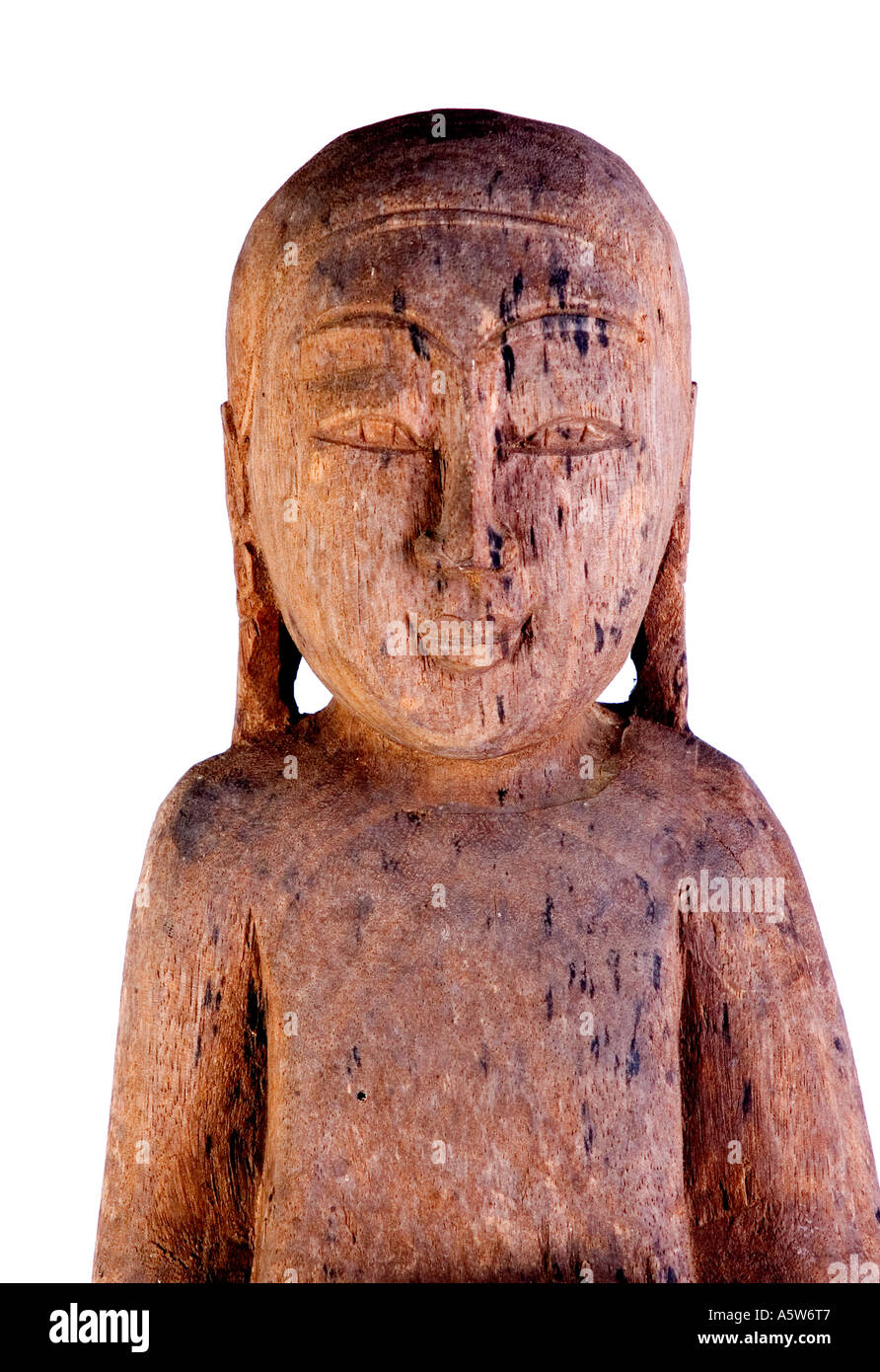 Jizo style carved wooden Buddhist statue of a monk with a begging bowl ...
