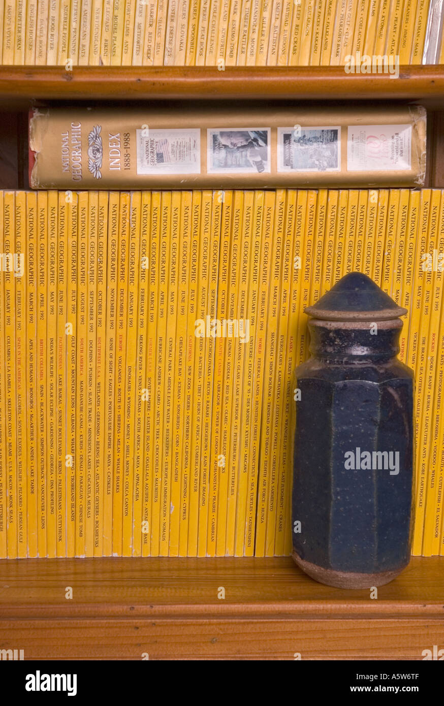 National Geographic magazines in a bookcase. Editorial use only. DSC ...
