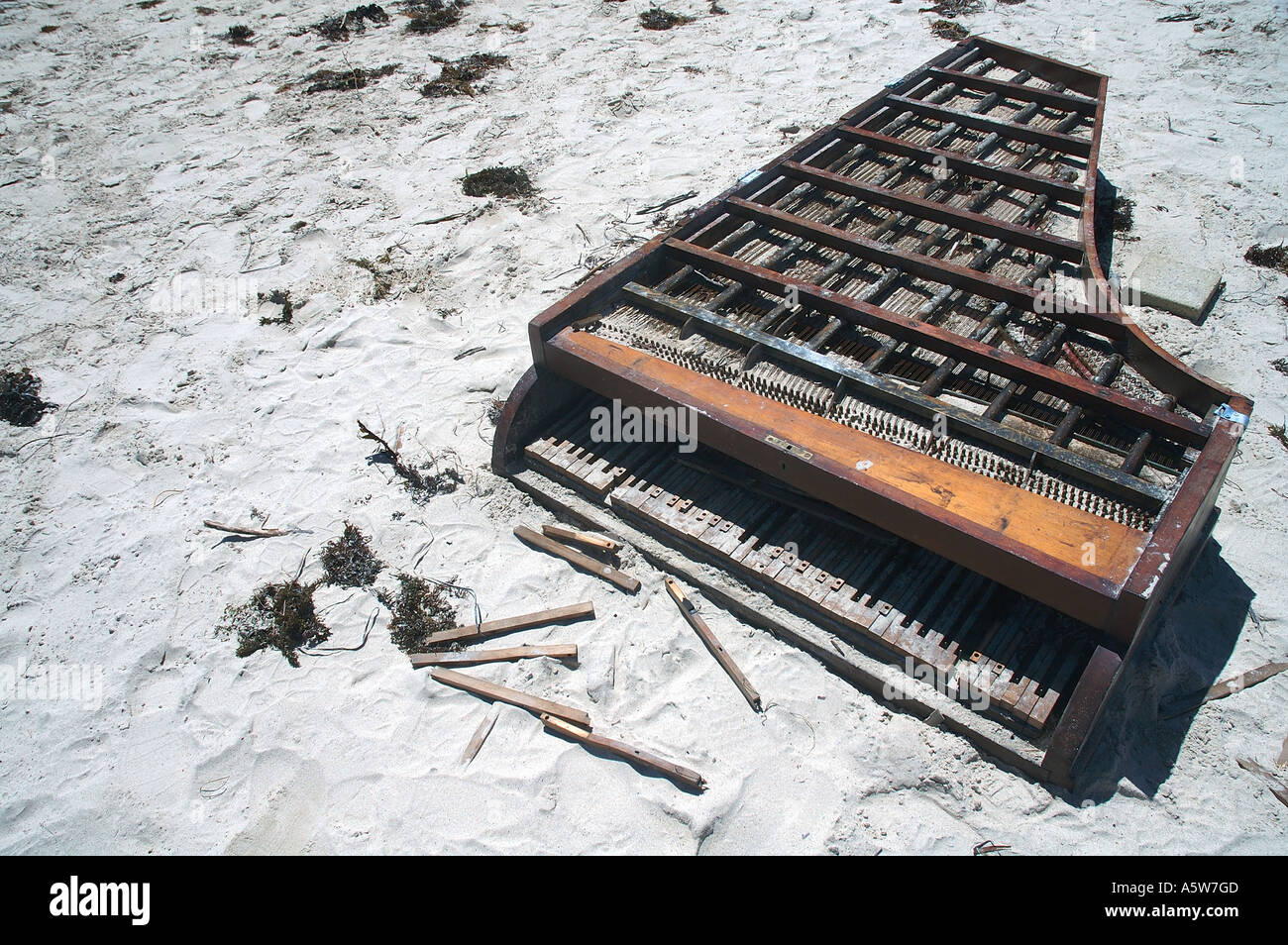 Destroyed grand piano washed up on the beach Stock Photo - Alamy