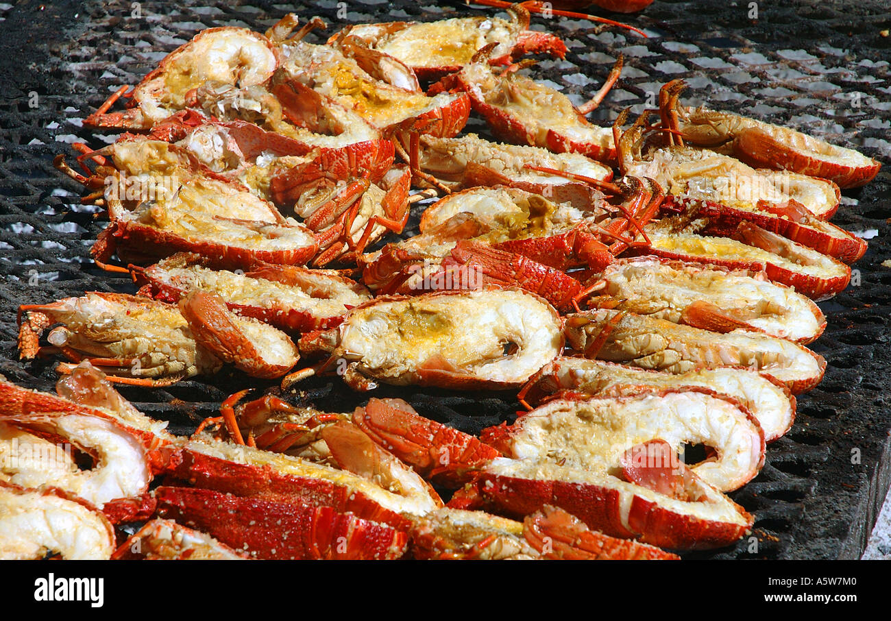Lobsters cooking on open fire grill at beach restaurant Stock Photo - Alamy