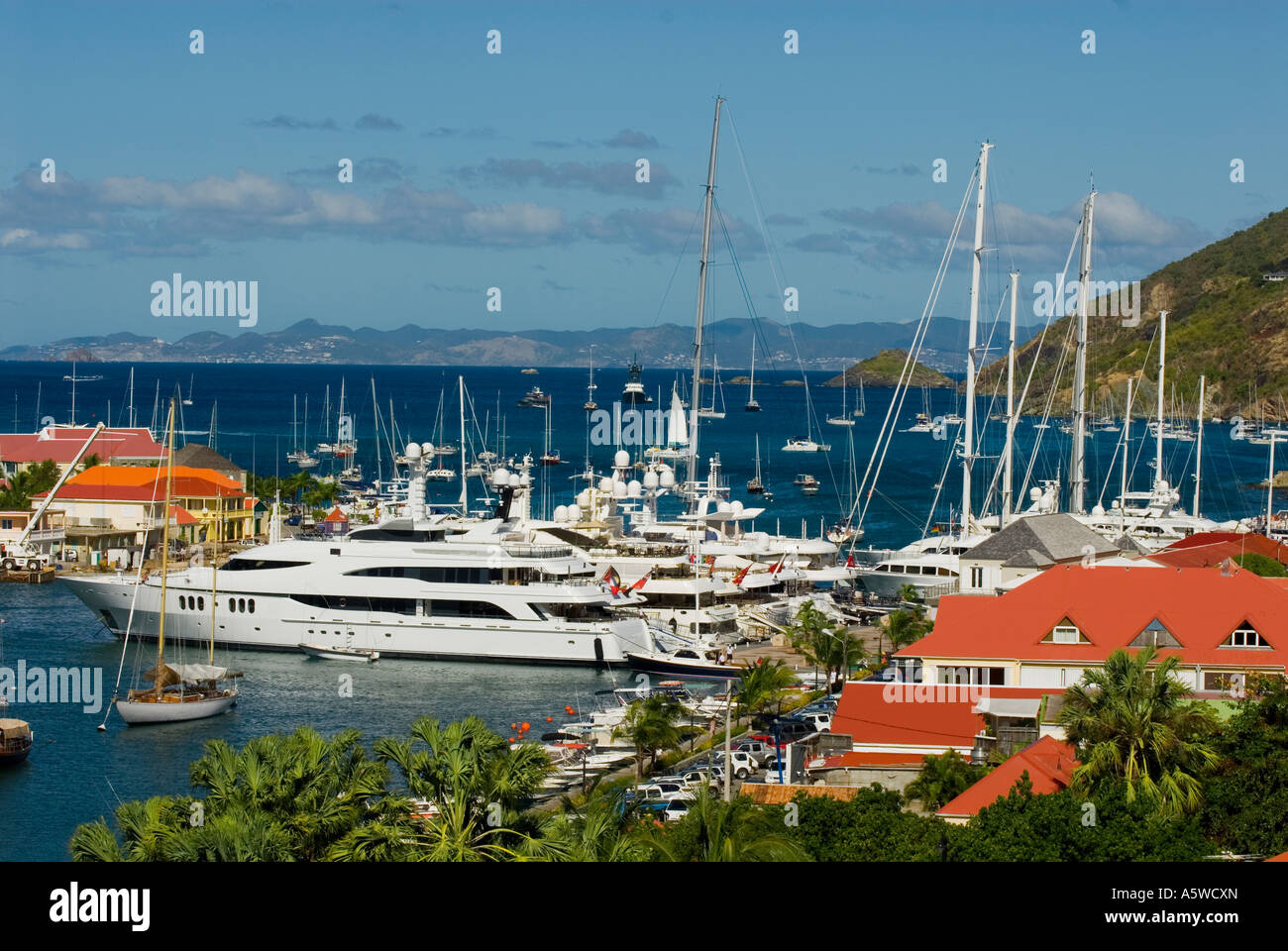 Gustavia harbour St. Barths with Saint Martin on the horizon Stock ...
