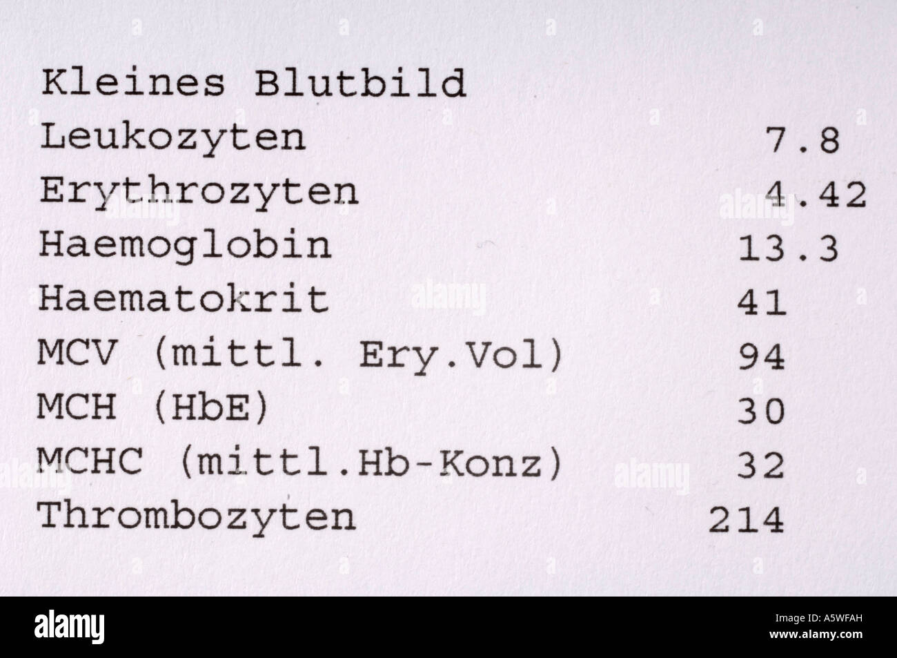 Data sheet small blood work Stock Photo - Alamy