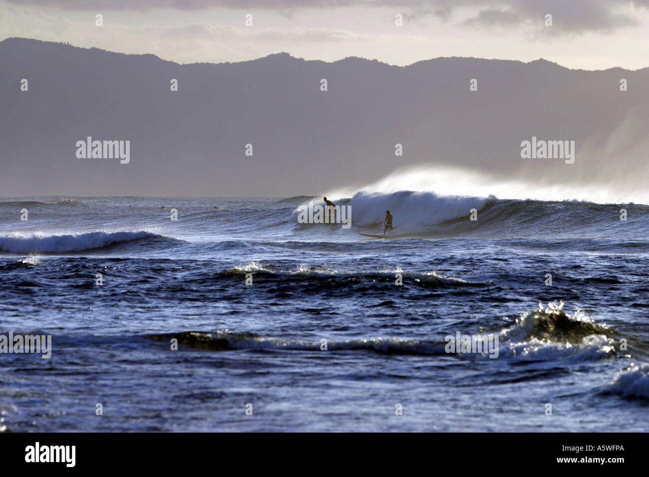Evening surfers at Sunset Beach North Shore Oahu Hawaii USA Stock Photo ...