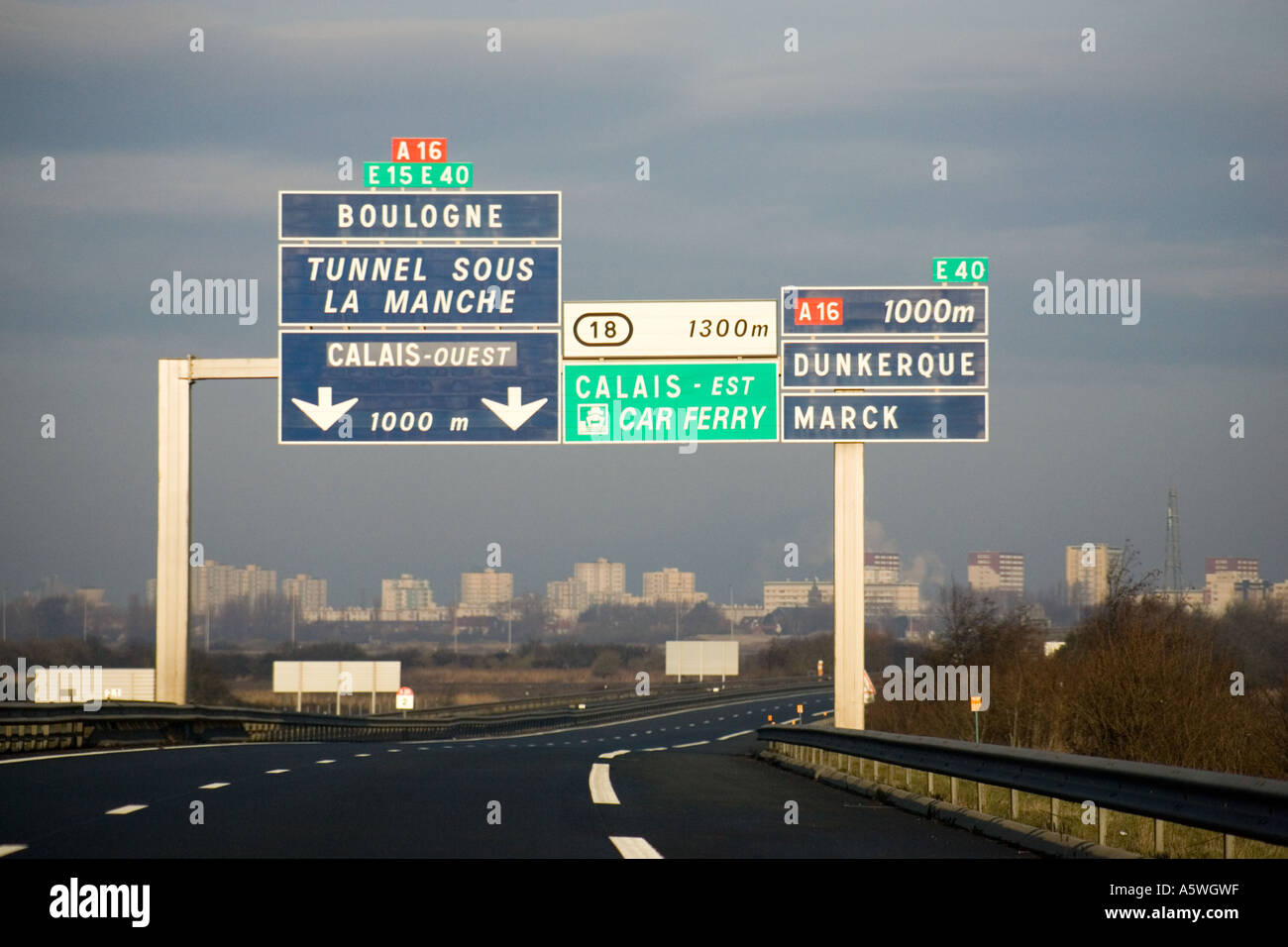 French motorway sign approaching Calais A16 Nord Pas-de-Calais Stock ...