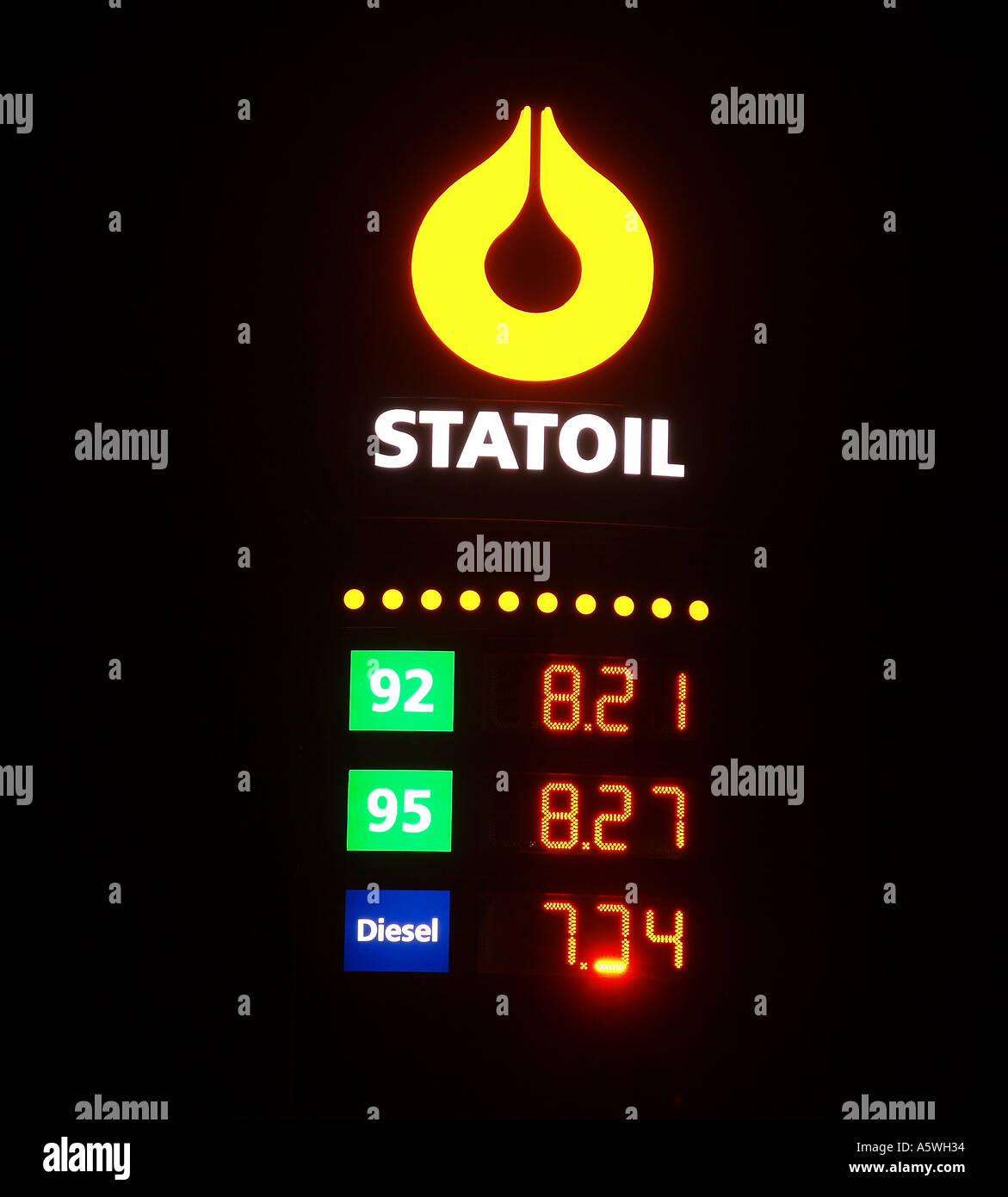 Gasoline Sign at night with petrol prices in Denmark Europe Prices are ...