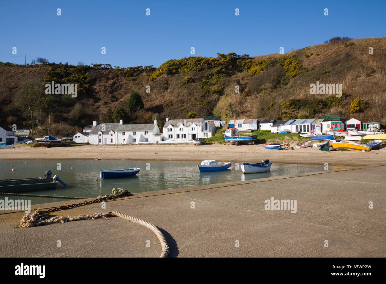 Penrhyn Nefyn small fishing port from pier in Porth Nefyn Bay Llyn ...