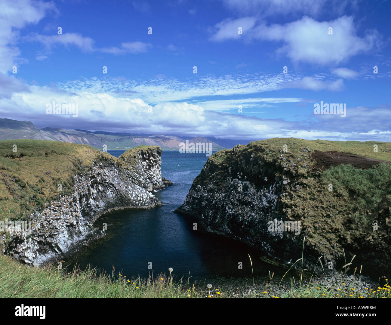SEA CLIFFS and RAVINES Columnar basalt from Hellnahraun lava field worn ...