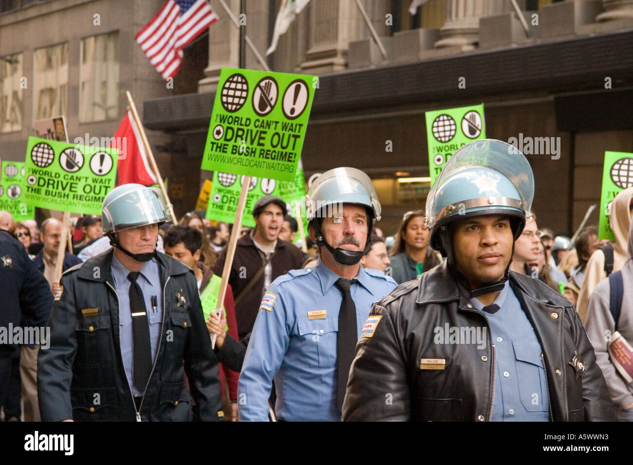 Police in riot gear Anti war protest Chicago Illinois USA Stock Photo ...