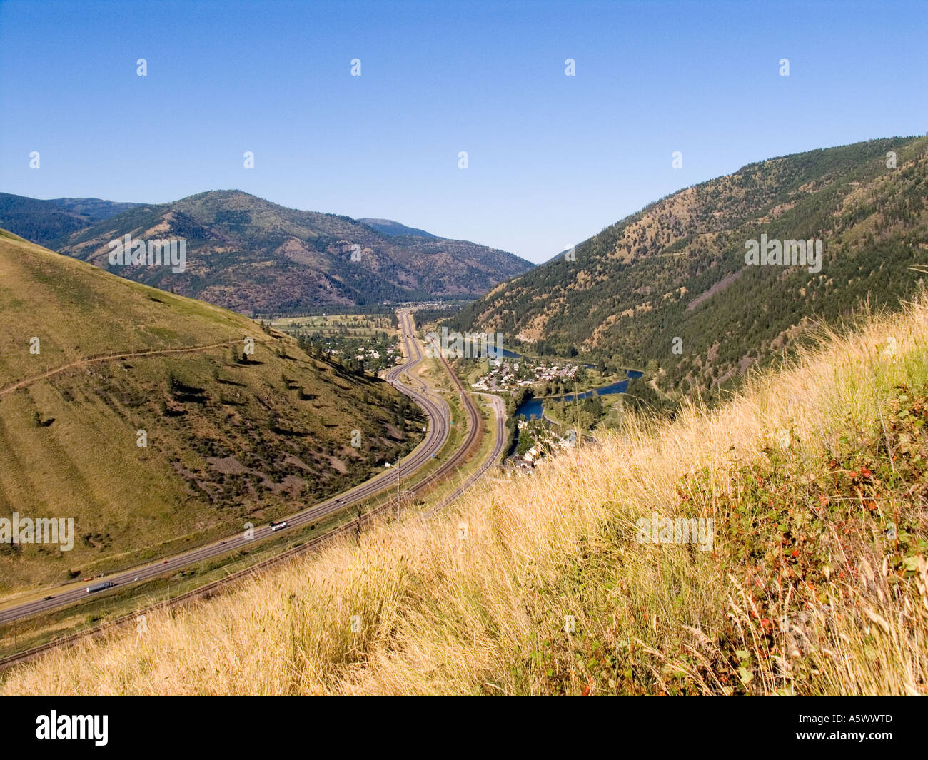 Interstate Highway 90 as it passes through Hellgate Canyon east of ...