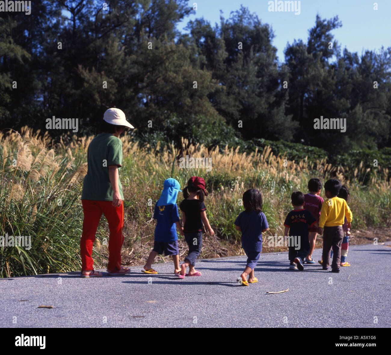 Young Okinawan children walking along a rural road with their teacher ...