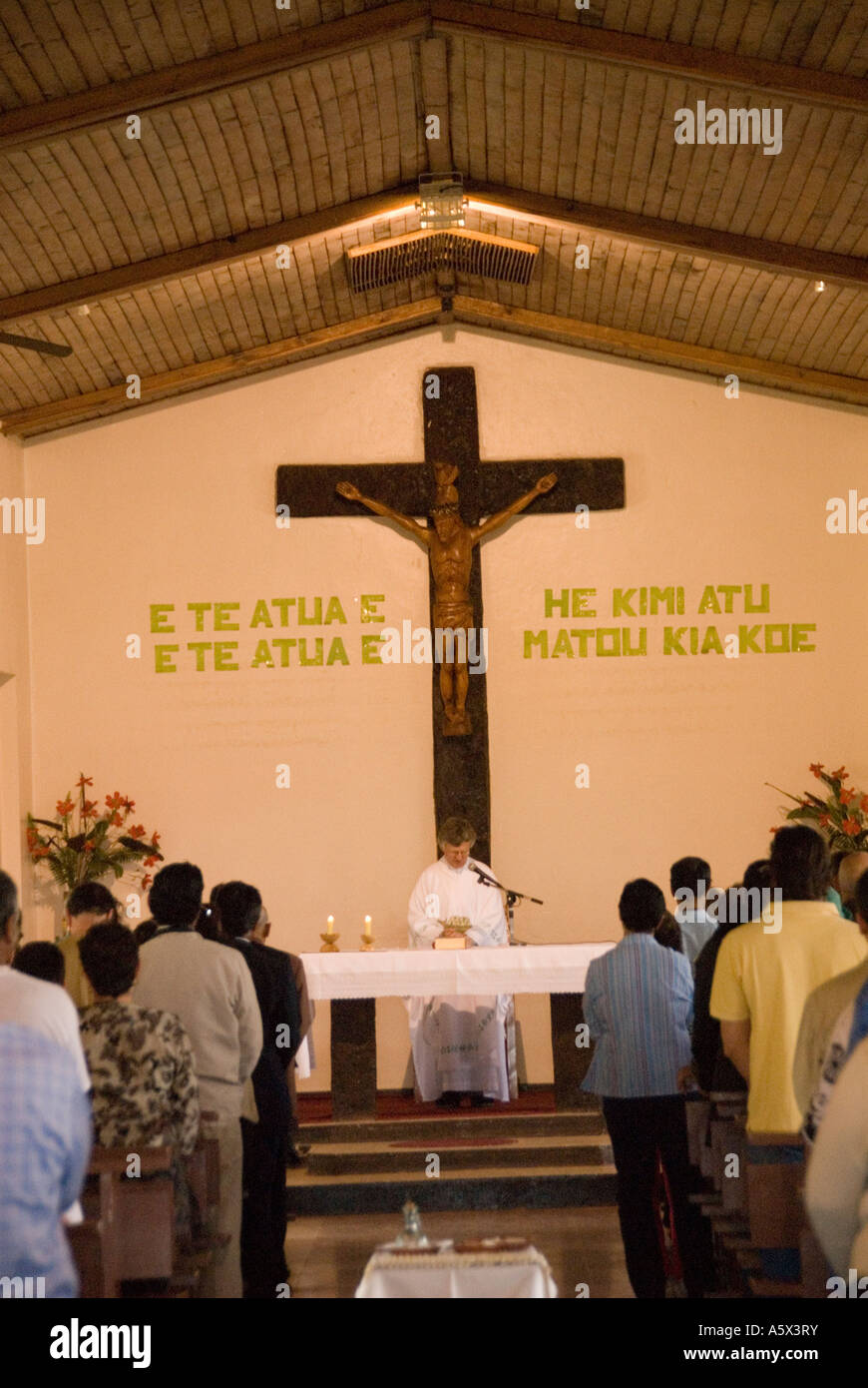 Chile Easter Island Catholic Church in the town of Hanga Roa Sunday ...