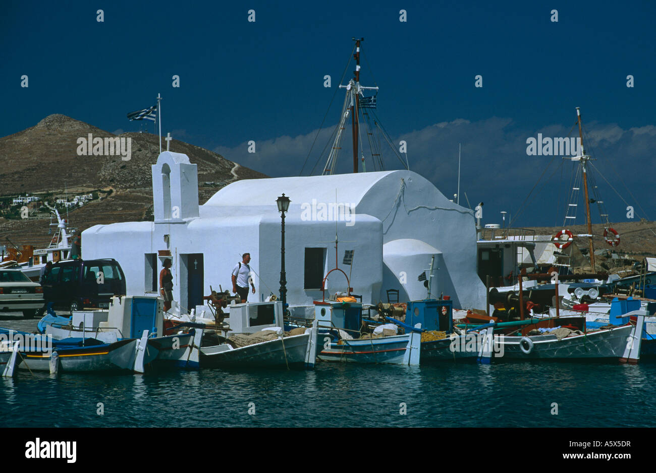 Church and Fishing Boats (Caiques), the Harbour, Naousa, Paros, the ...