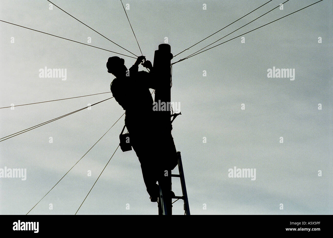 British Telecom engineer fixing telephone lines in the village of ...