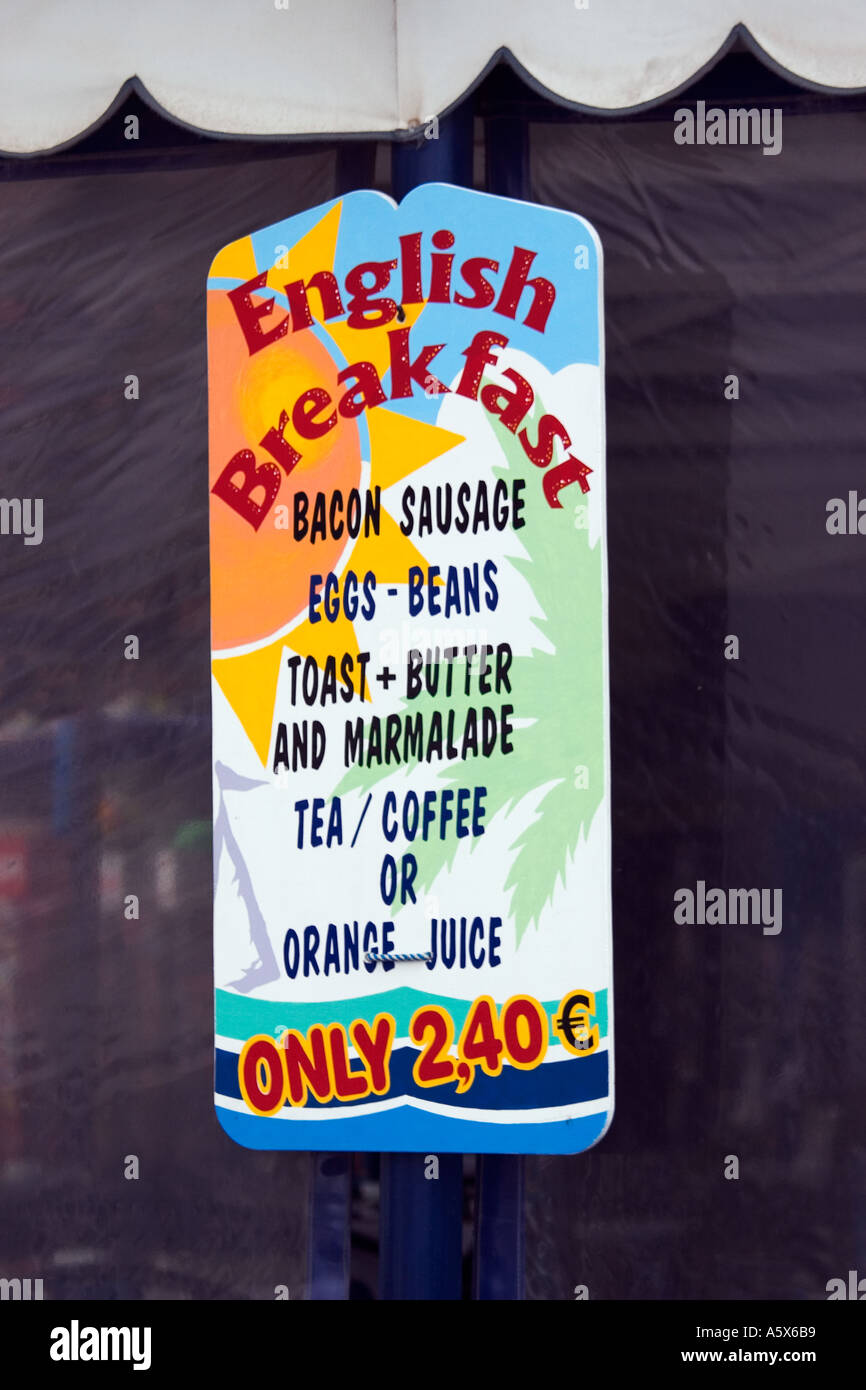 Sign advertising English breakfast in a tourist cafe Tenerife Spain ...