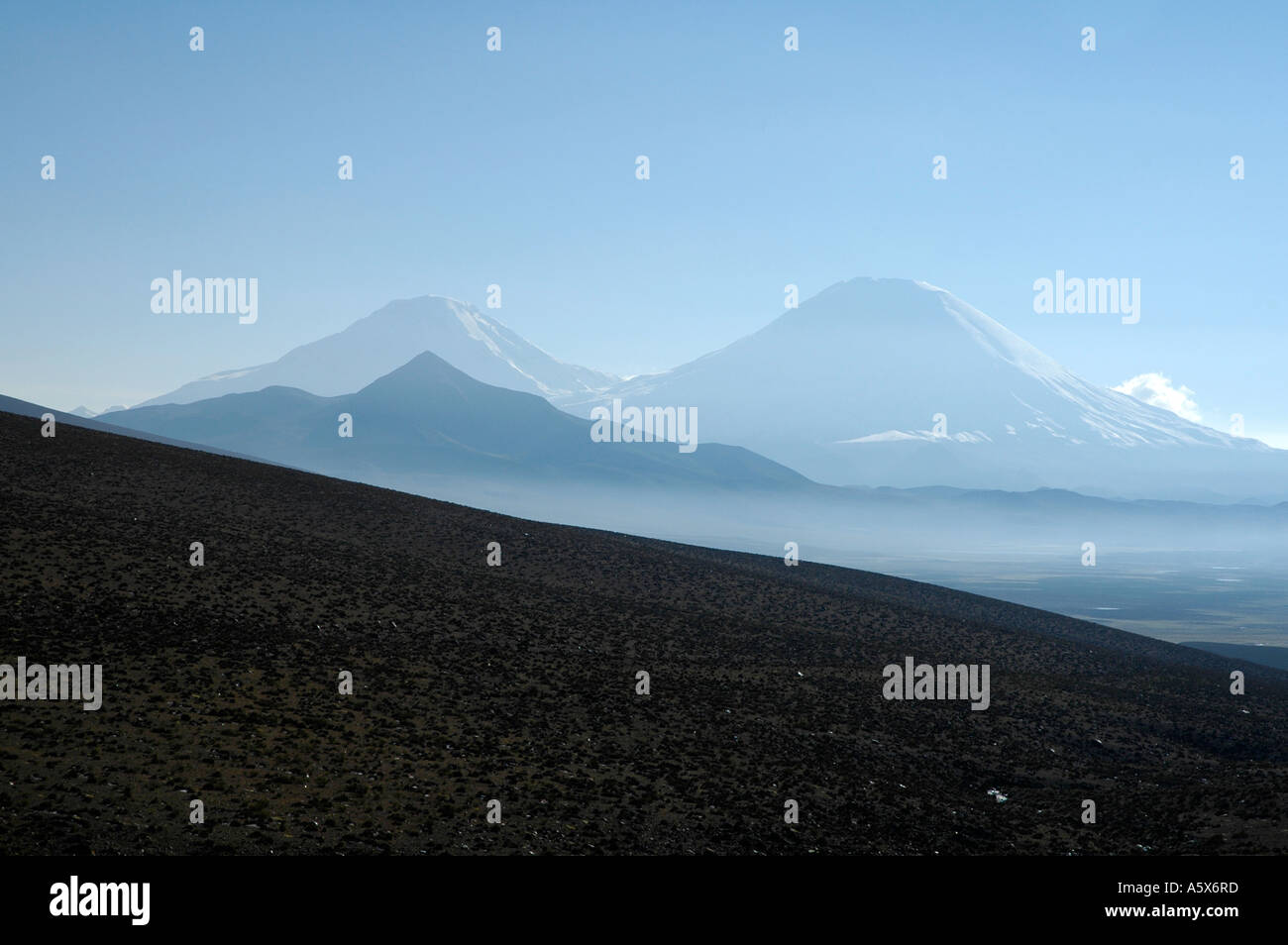 Payachata twin volcano peaks, Parinacota and Pomerape,, Tarapaca Region ...