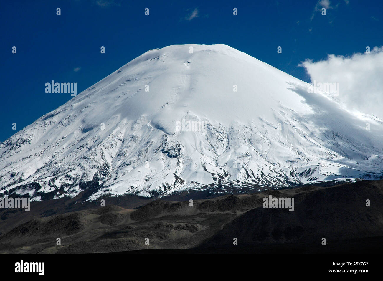Peak of Volcano Parinacota, part of Payachata twin peaks and Lake ...