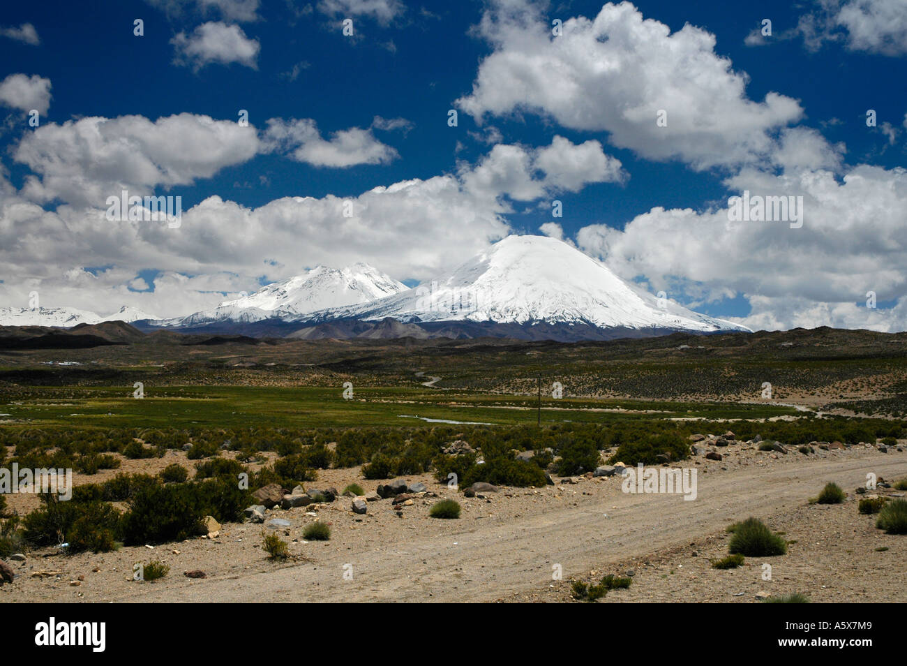 Payachata twin volcano peaks, Parinacota and Pomerape,, Tarapaca Region ...