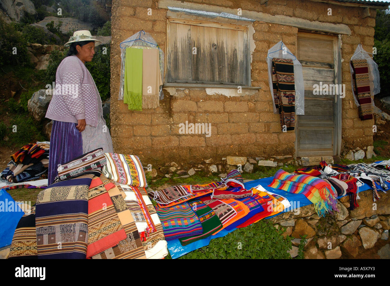Textile vendor, Sun Island, Bolivia, South America Stock Photo - Alamy