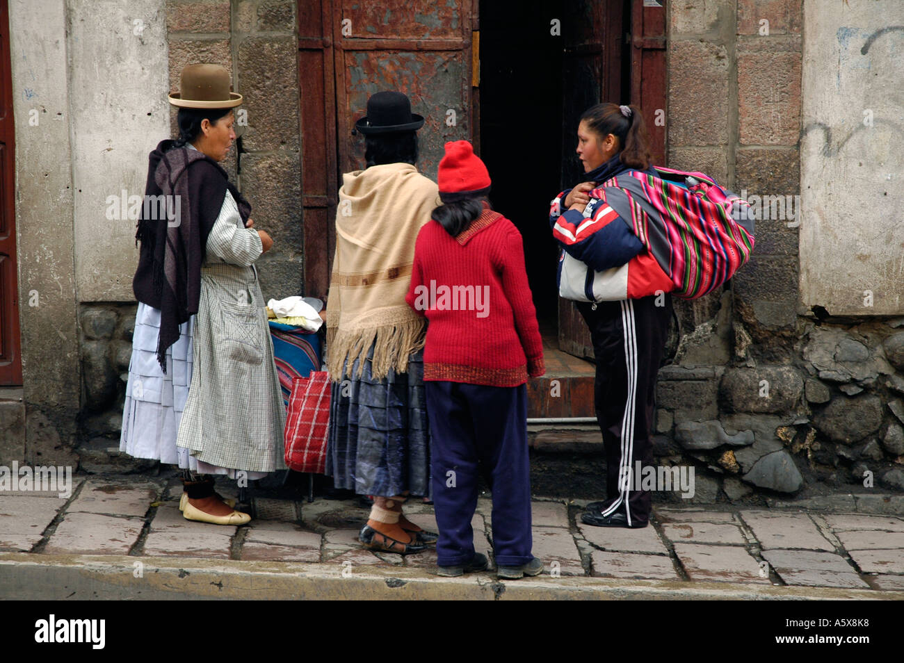 Dooeway with people in central Market area in La Paz, capital of ...