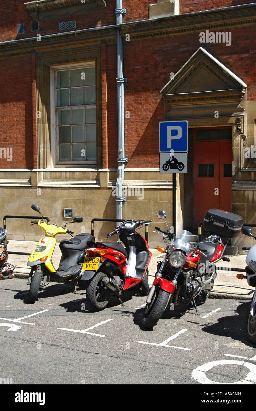Motorcycles parked in a designated parking area on a city street in the ...