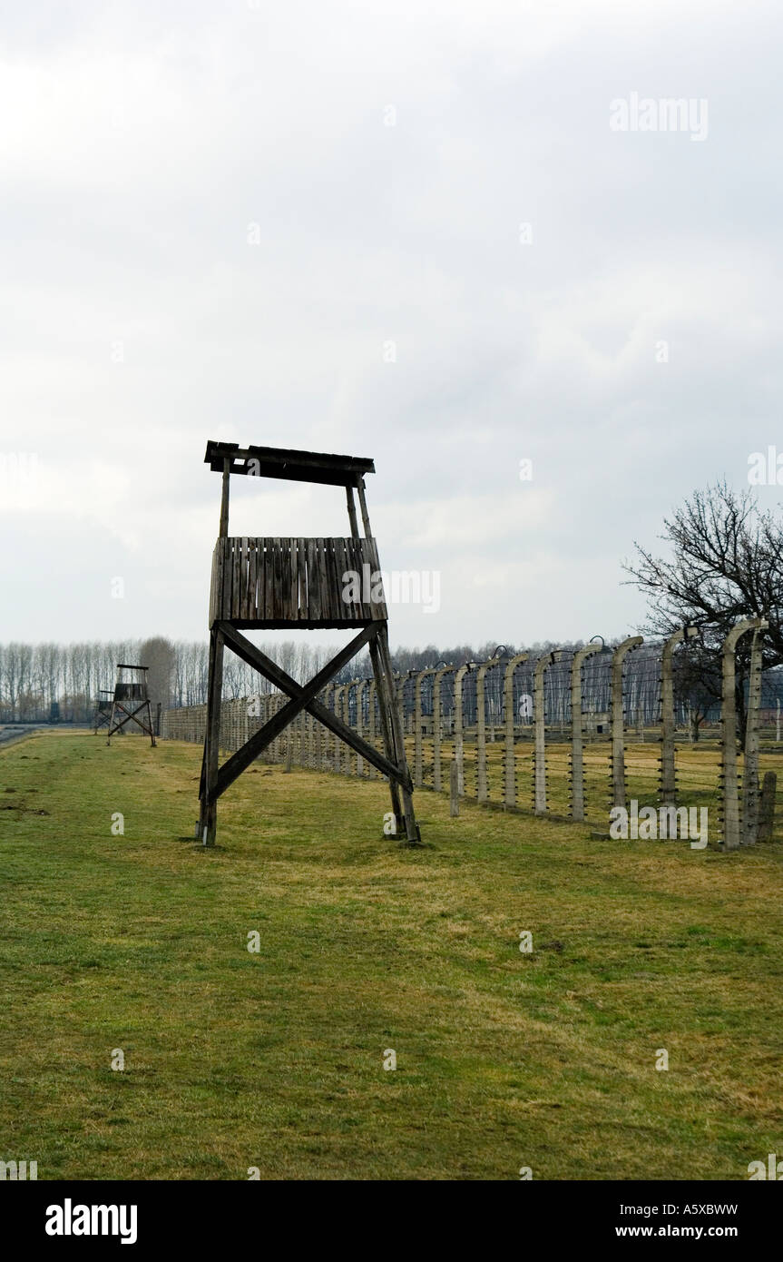 Barbed wire fences in the Nazi concentration camp of Auschwitz-Birkenau ...