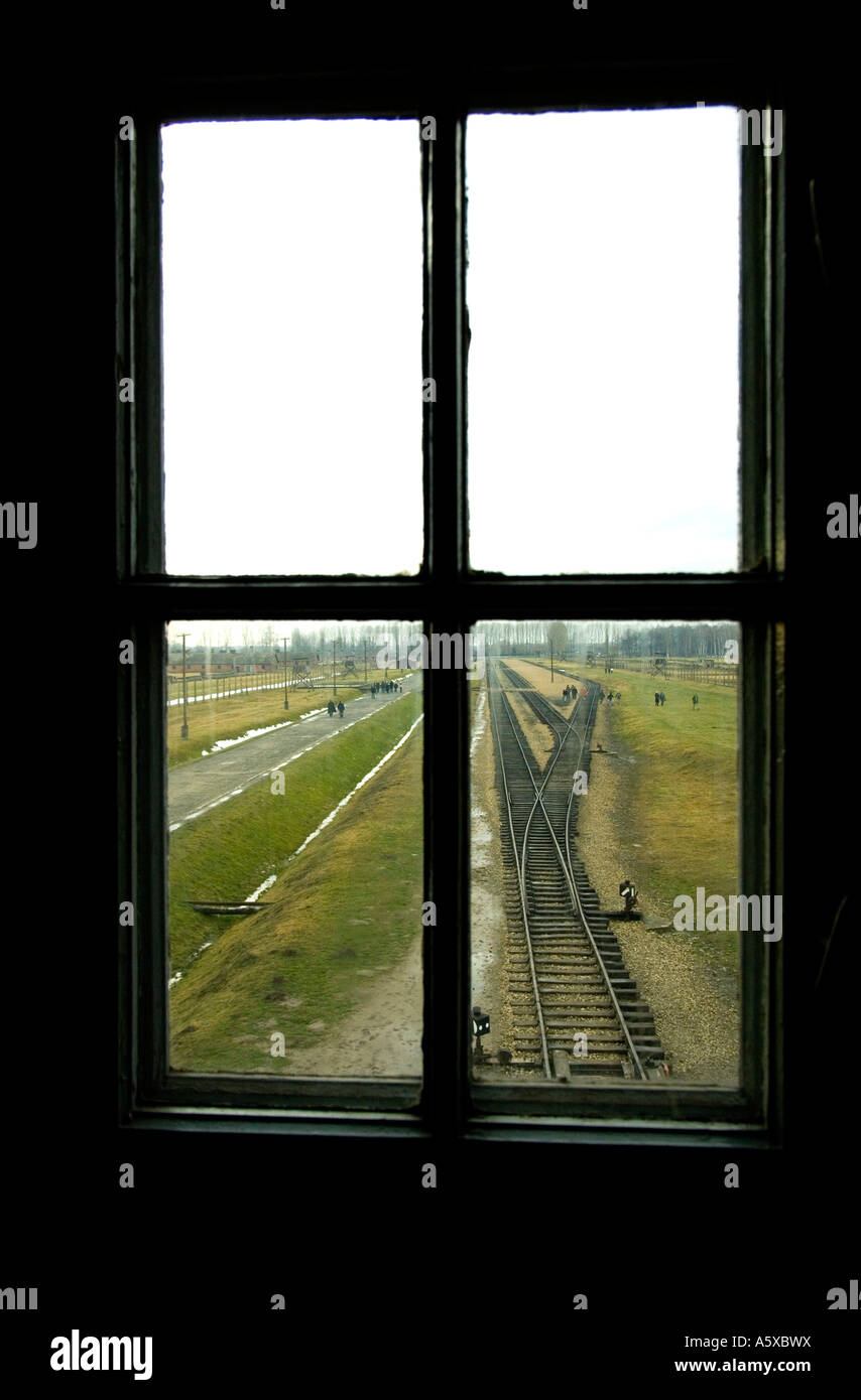 View through a watchtower window of the railway tracks in the Nazi ...
