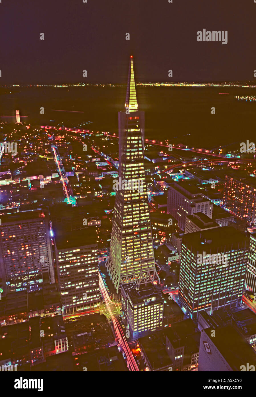 California San Francisco aerial view of Transamerica Pyramid at night ...