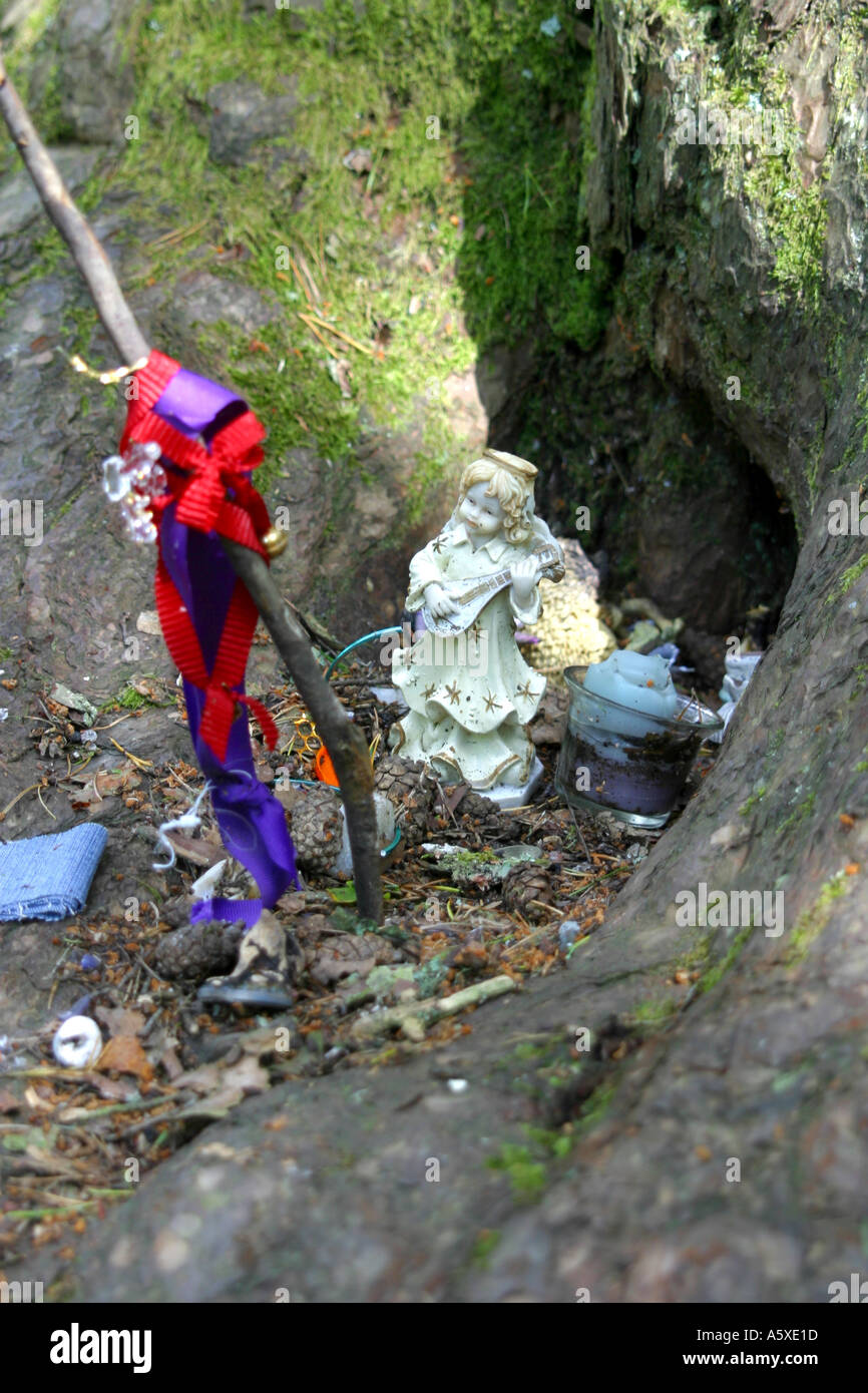 Model fairy figure at entrance to magical tree in fairy ring Aberfoyle ...