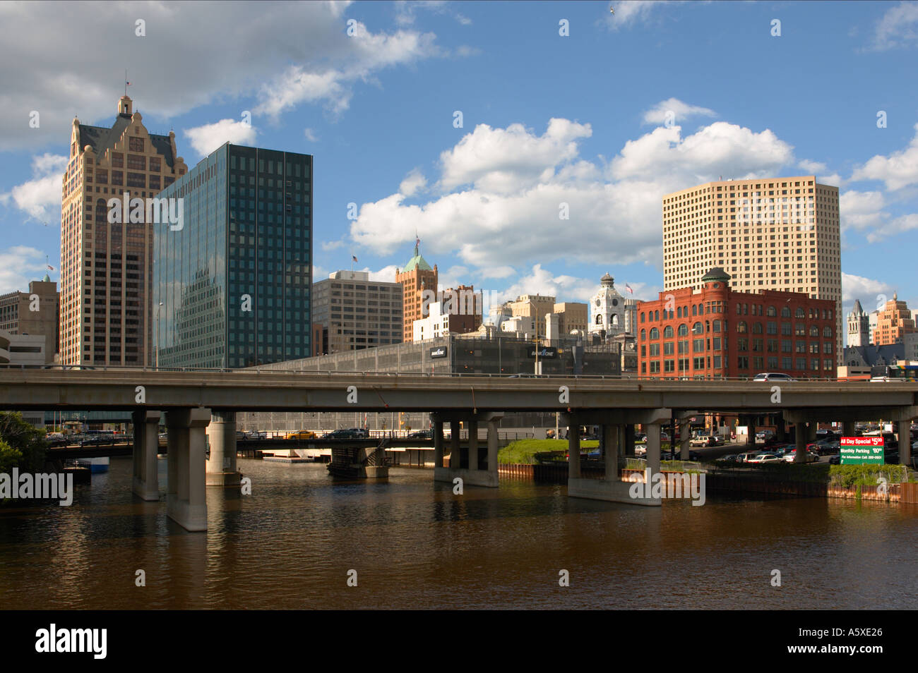 WISCONSIN Milwaukee Downtown area and Milwaukee River viewed from ...