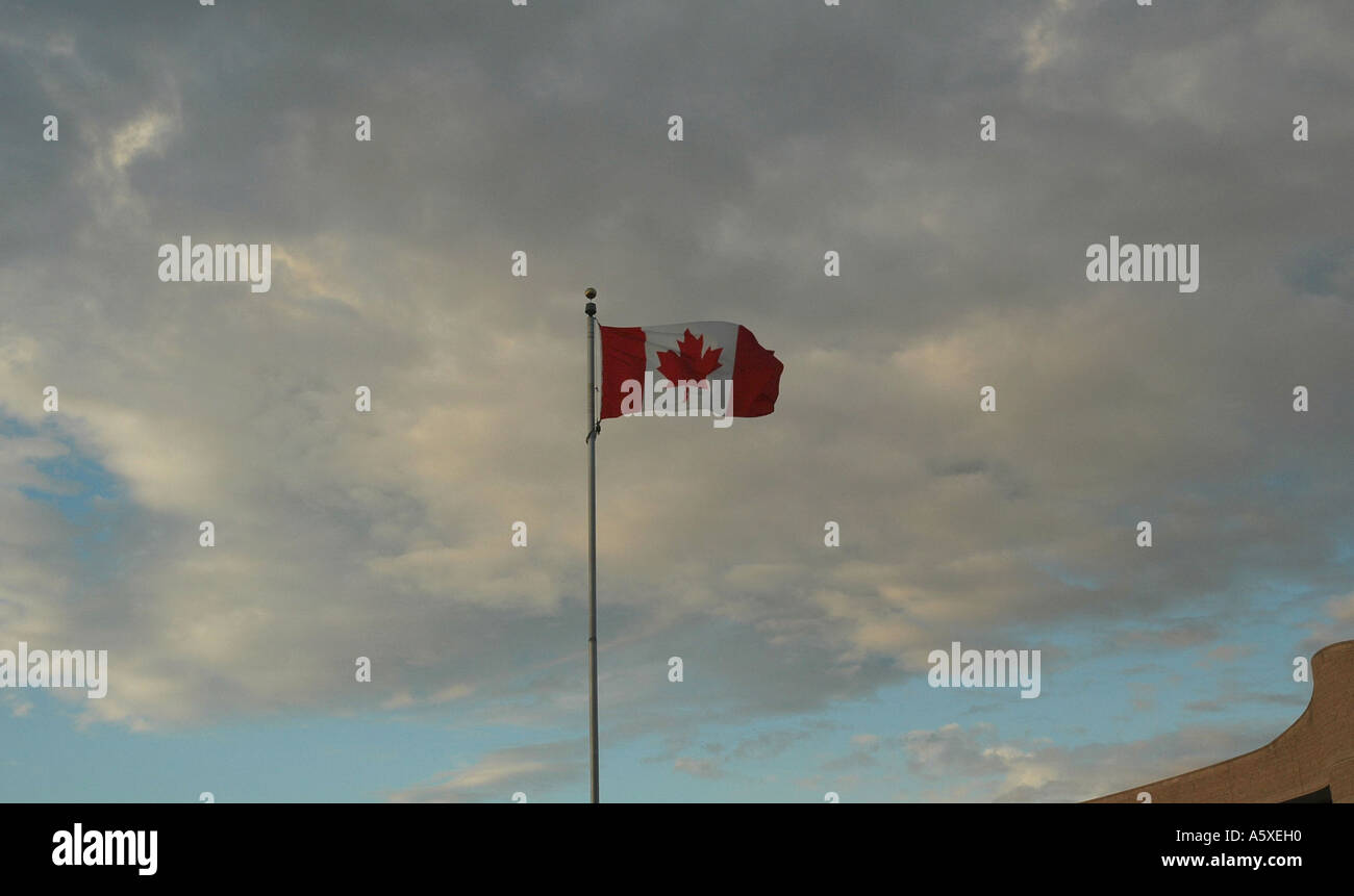 Canadian Maple Leaf flag flying with dark clouds behind, Canada Stock ...