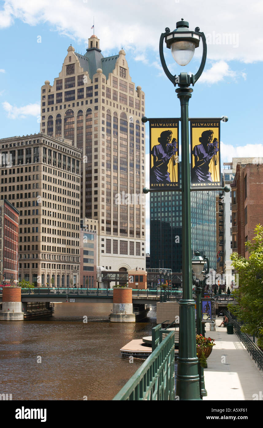 WISCONSIN Milwaukee Riverwalk along Milwaukee River banner on signpost ...