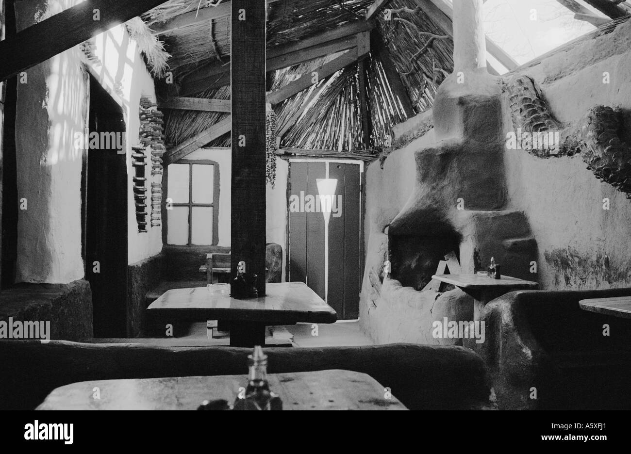 Interior of a rustic style restaurant in San Pedro de Atacama in Chile ...