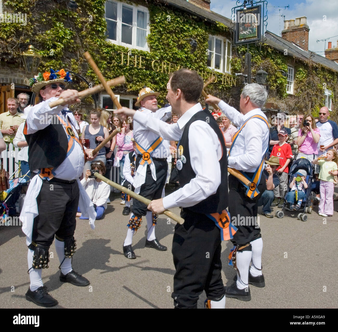 May Day Morris dancing - Gray Hound Pub - Aldbury - Hertfordshire Stock ...