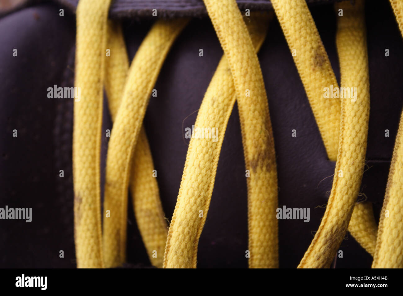 YELLOW SHOELACES ON A PAIR OF BLACK SHOES Stock Photo - Alamy