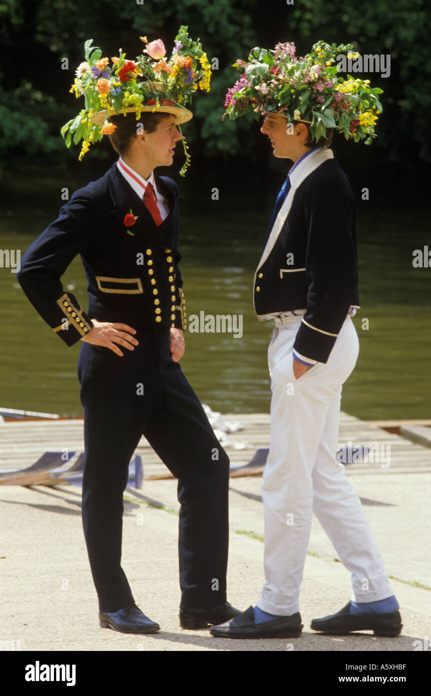 Eton school college. Boy wearing traditional floral straw boater naval ...