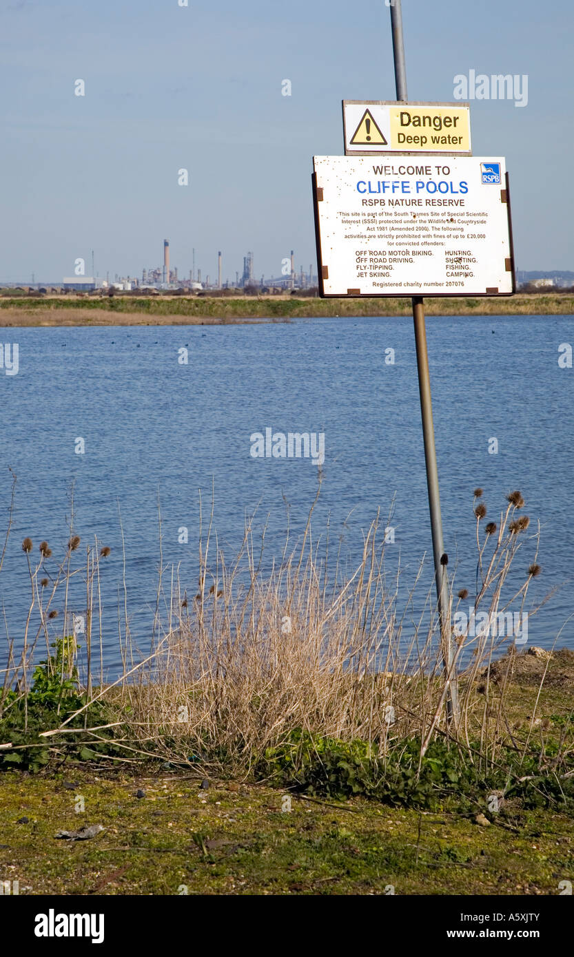 Danger sign on an RSPB bird reserve at Cliffe pools, Kent, Great ...