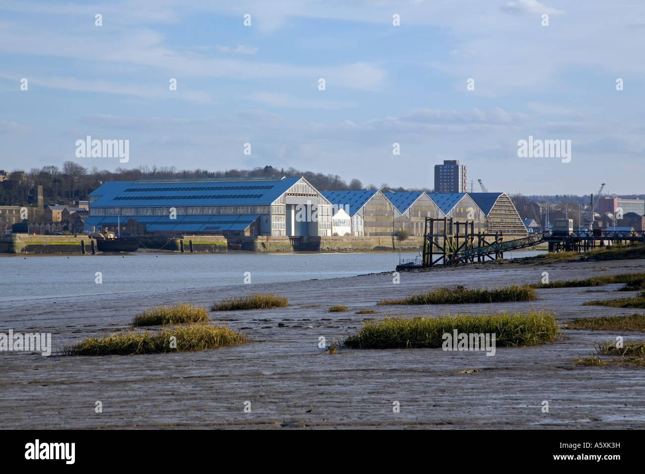 The Historic Chatham Dockyard, viewed from across the river Medway Kent ...