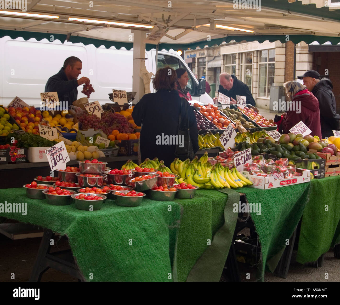 A Fruit and Vegetable Stall at the busy Saturday Market in Oakham ...