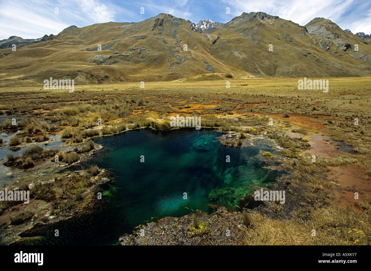Spring of limpid water on the way to Pastoruri glacier (Peru). Source d ...