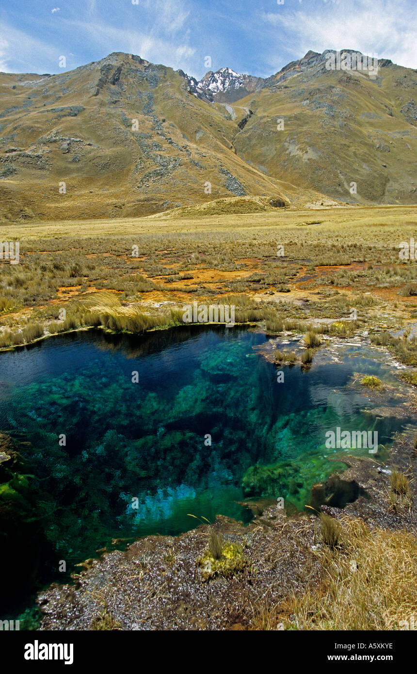 Spring of limpid water on the way to Pastoruri glacier (Peru). Source d ...