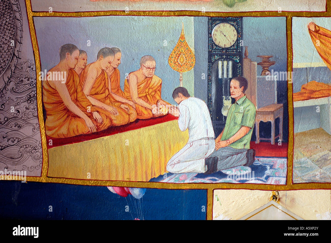 A Thai painting showing people showing respect to elder monks, located ...