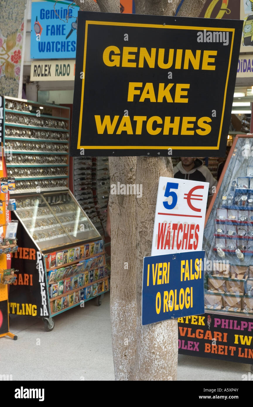A sign advertising "fake genuine" watches, an oxymoron, near Ephesus ...