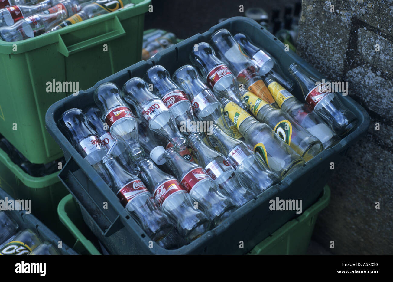 Boxes of glass bottles left outside pub for recycling collection ...