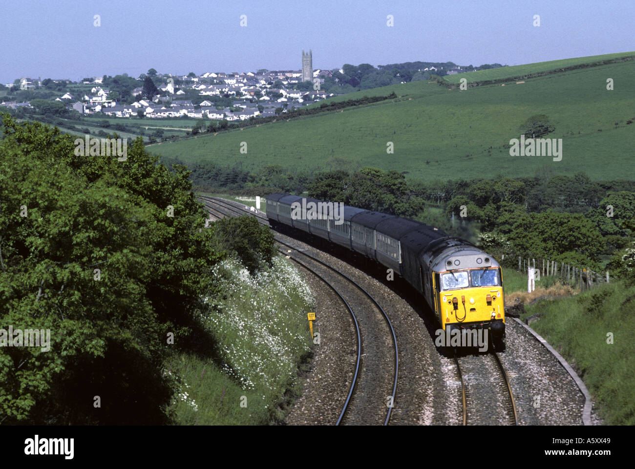 British Rail Class 50 diesel No 50009 Conqueror near Probus, Cornwall ...